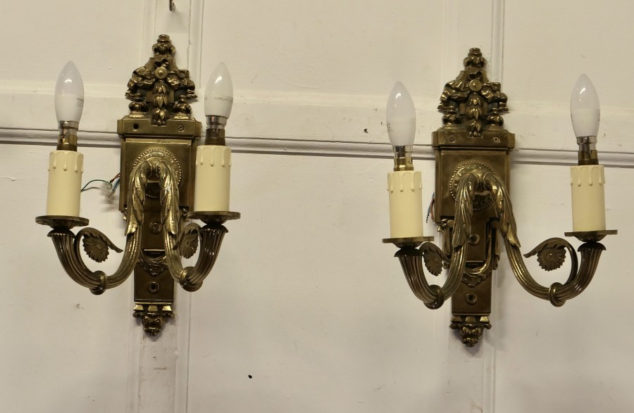 A Pair of Neo Classical Large Brass Twin Wall Lights For Sale