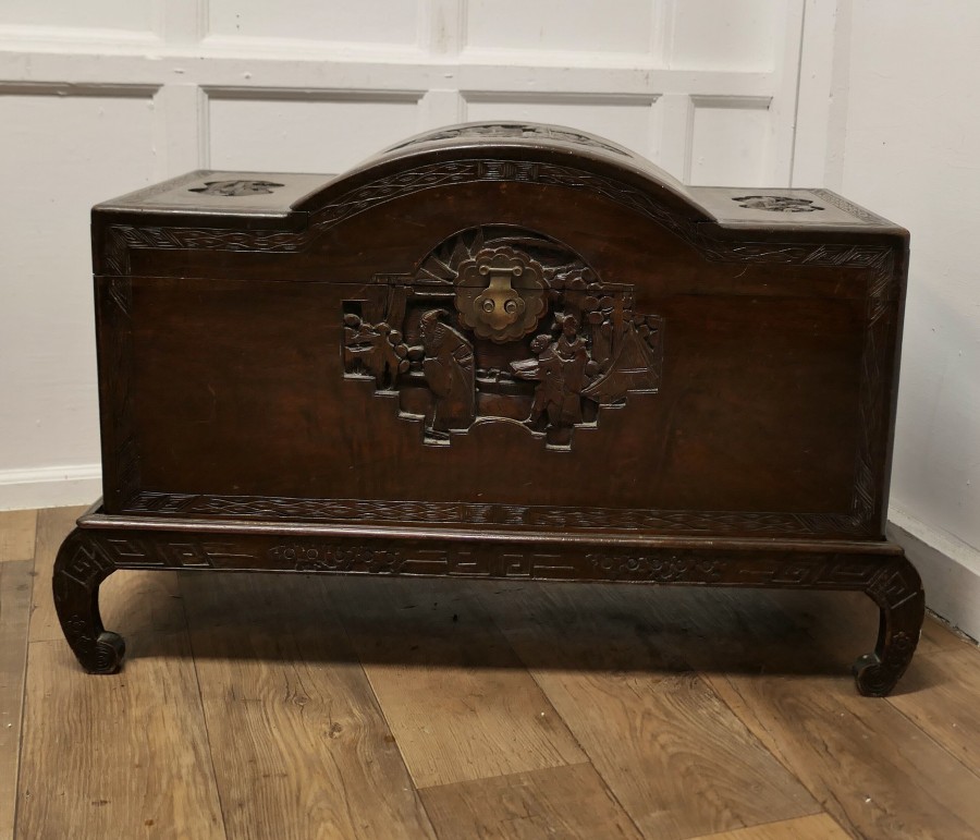 Art Deco Oriental Carved Camphor Wood Chest on Stand For Sale