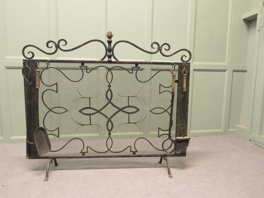 Large Wrought Iron Fire Screen, With Fire Irons For Sale